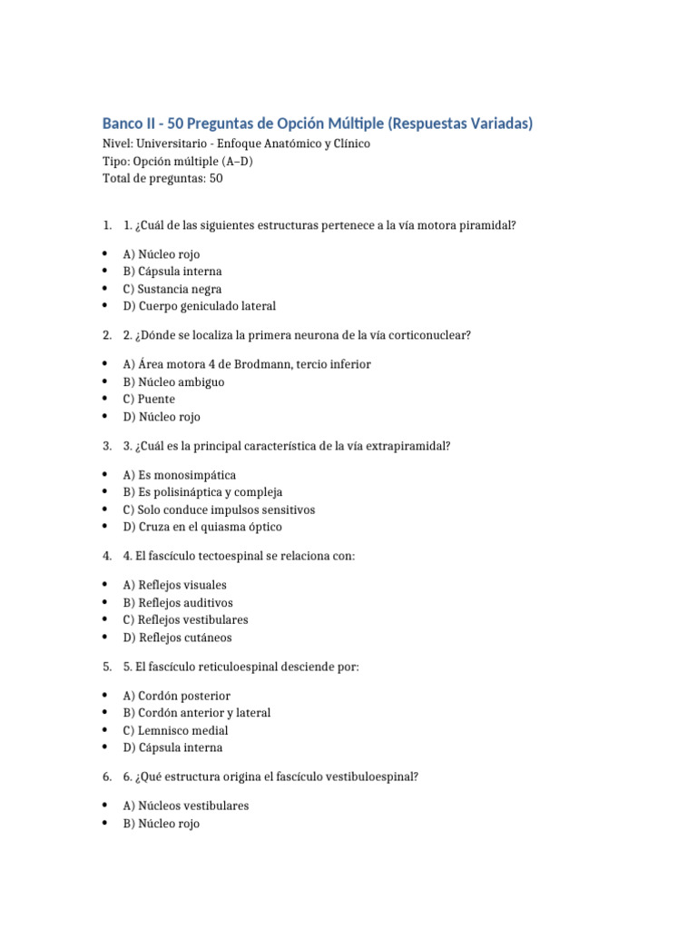 Banco II 50 Preguntas Varias Vias Conducción Nerviosa | PDF ...