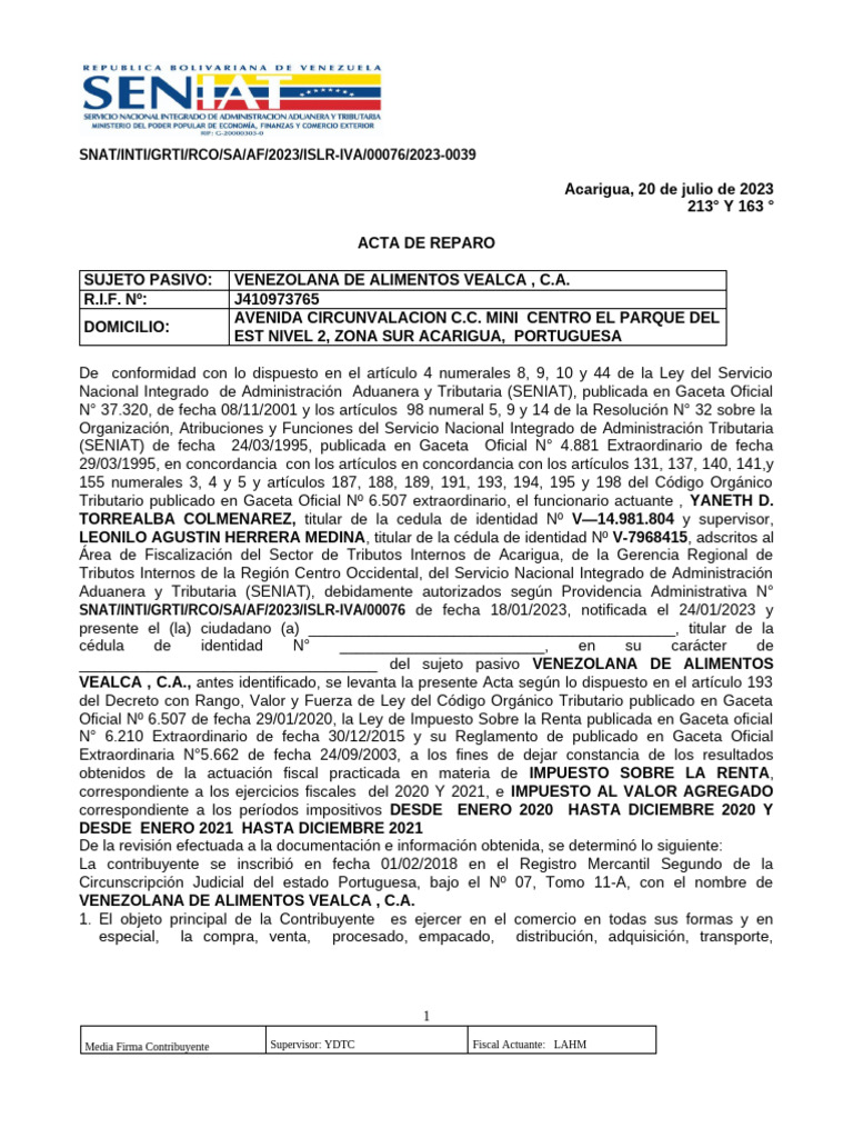 Acta de Reparo Vealca C.A. 2023 | PDF | Impuestos | Impuesto sobre la renta