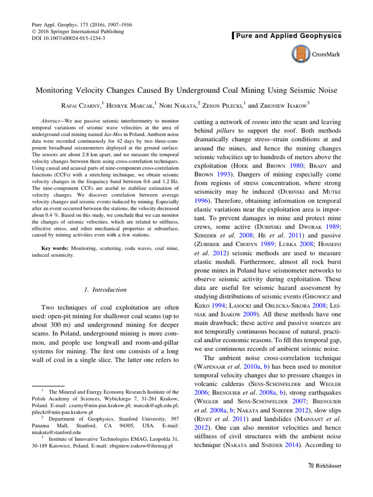 Monitoring Velocity Changes Caused by Underground Coal Mining Using ...