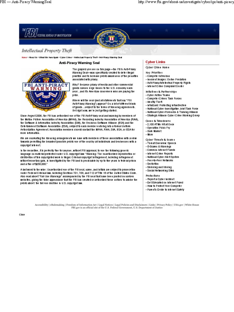 FBI Anti-Piracy Warning Seal Explained | PDF | Copyright Infringement ...