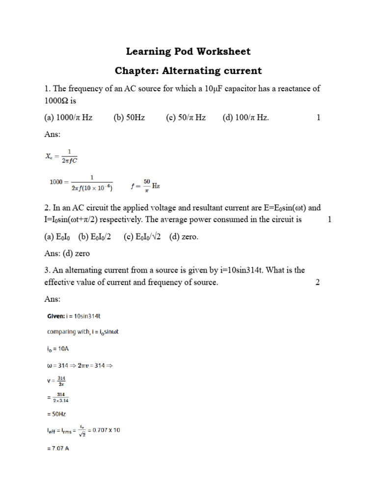 Class Xii Physics Alternating Current Worksheet 1 | PDF | Inductor ...