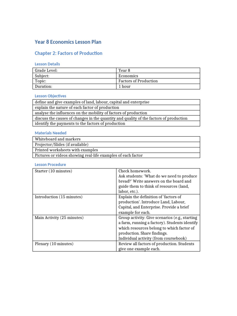 Year 8 Economics Lesson Plan Chapter 2 Table Format | PDF