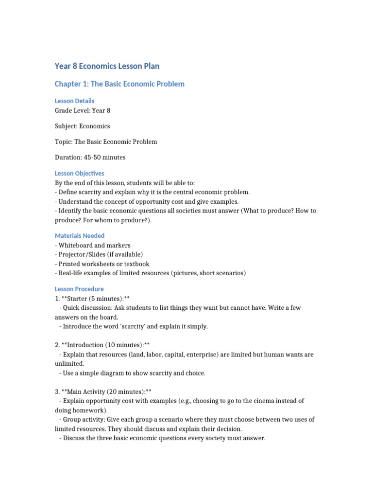 Year 8 Economics Lesson Plan Chapter 1 (1) | PDF