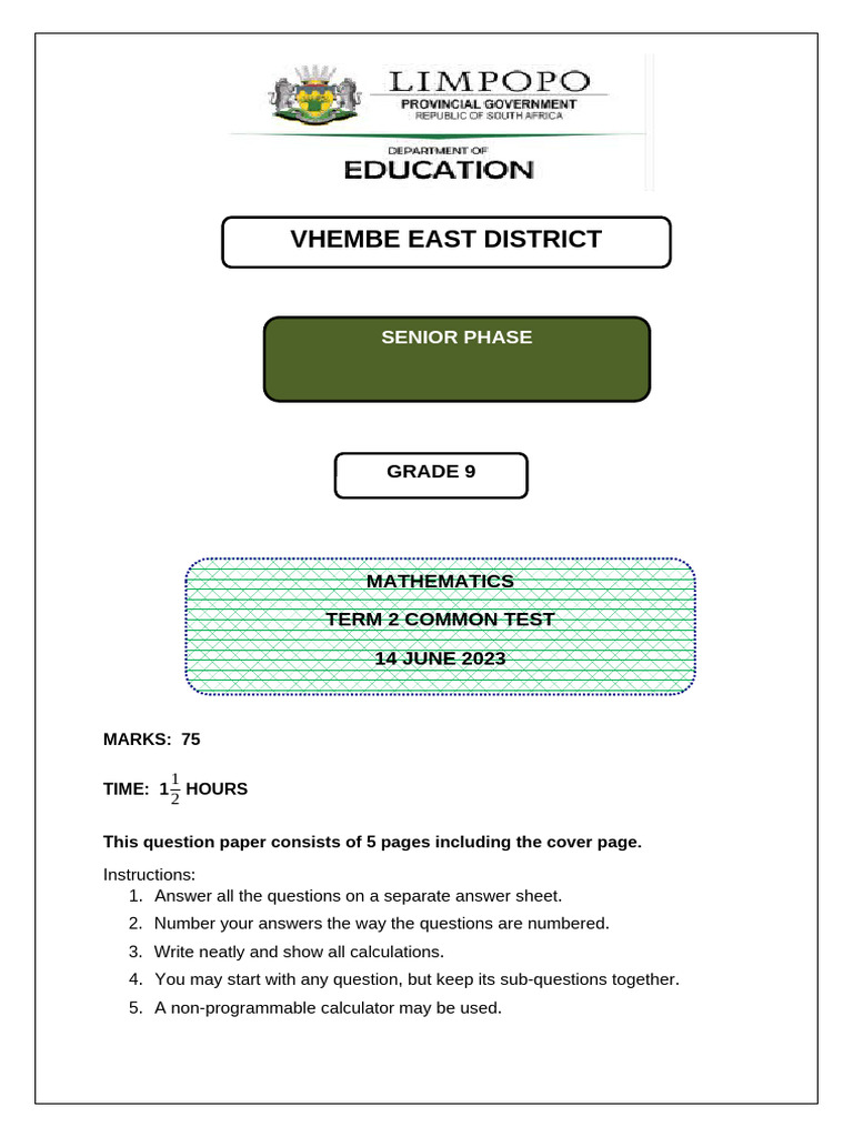 2023 Term 2 GR 9 Mathematics Controlled Test Moderated | PDF ...