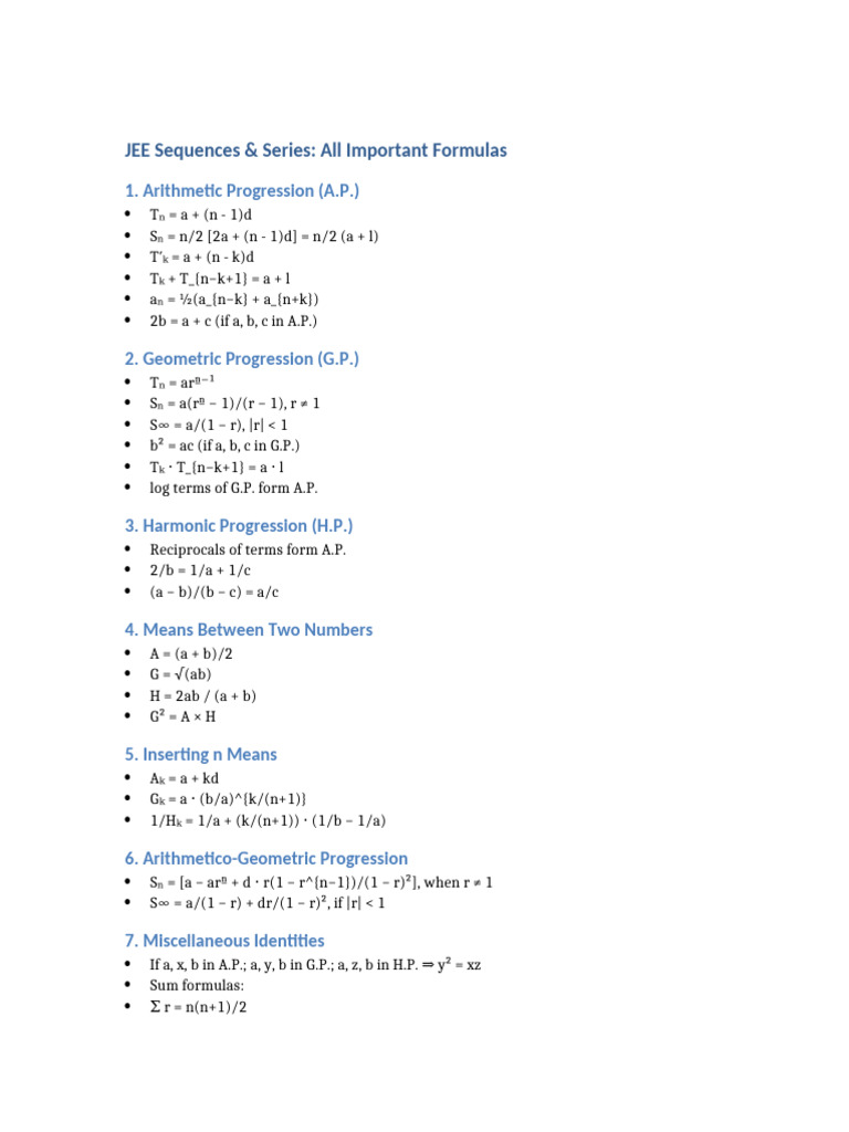 JEE Sequences & Series Formula Guide | PDF