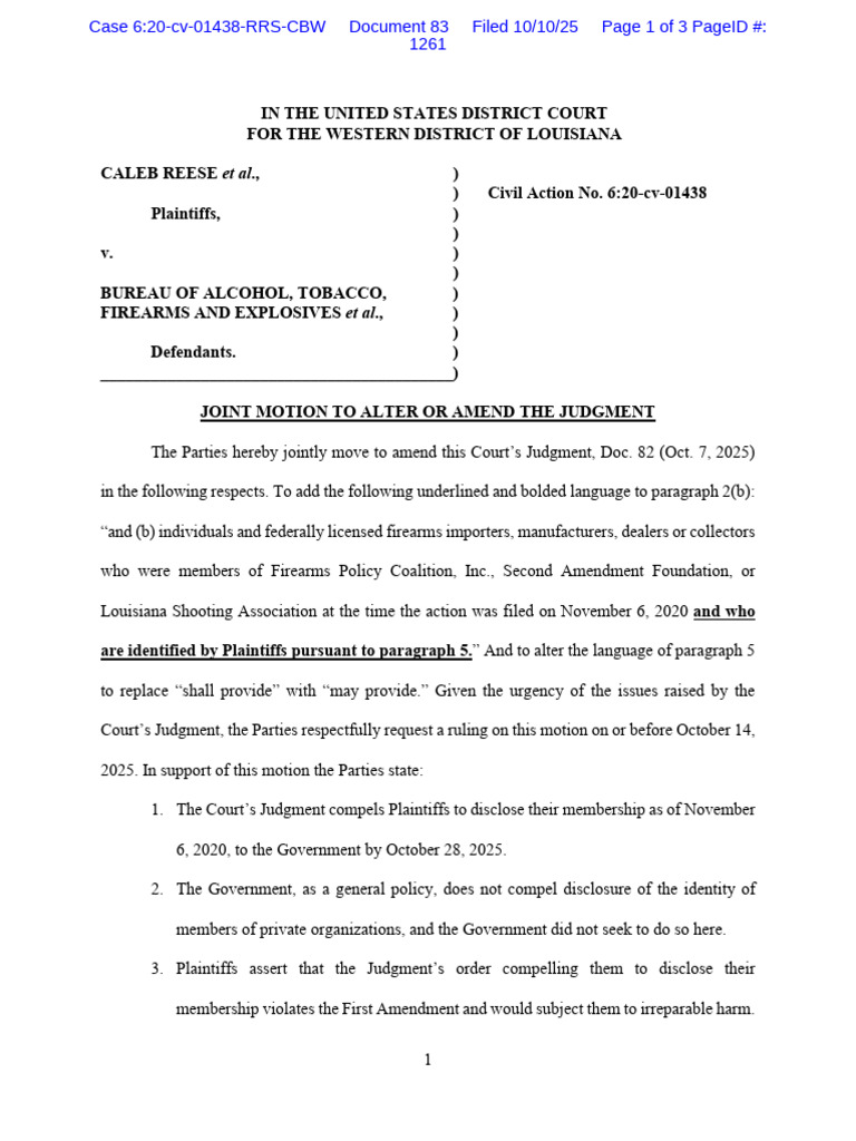 Reese v. ATF - JOINT MOTION TO ALTER OR AMEND THE JUDGMENT | PDF ...