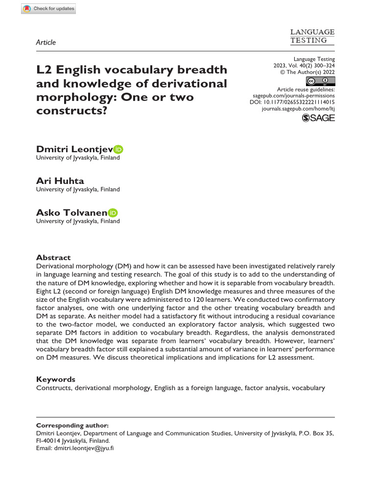 Leontjev Et Al 2022 l2 English Vocabulary Breadth and Knowledge of ...