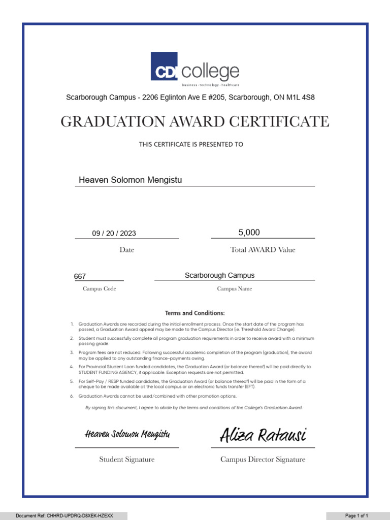 Graduation Award Certificate - CDI Heaven Solomon Mengistu | PDF