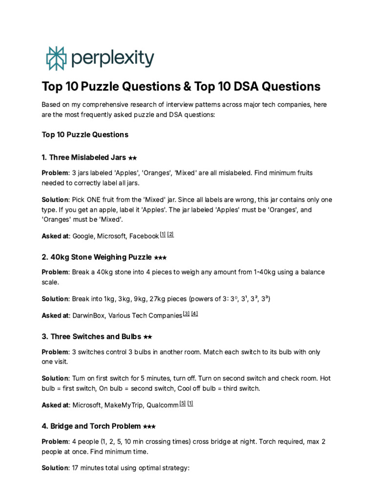 Top DSA and Puzzle Questions for Tech Interviews | PDF | Computer Data ...