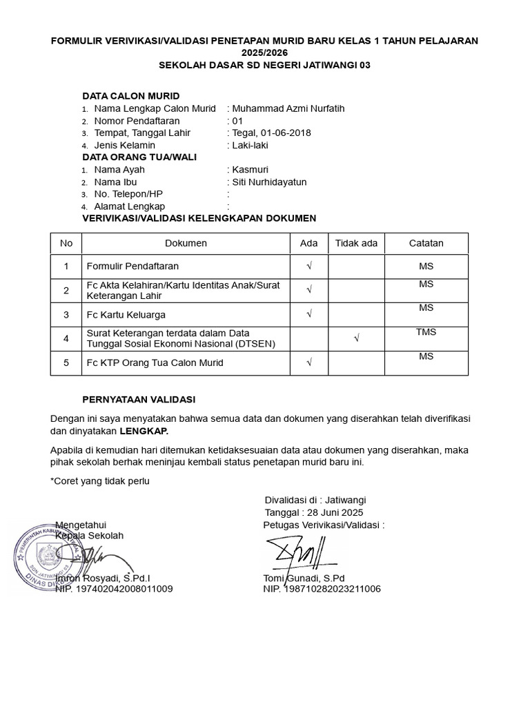 JTW3 - Formulir Verivikasi Dan Validasi Dok SPMB - 2025 | PDF