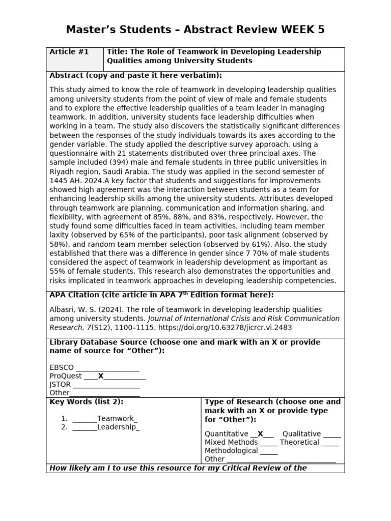 Master's Students - Abstract Review Week 5 | PDF | Leadership | Creativity