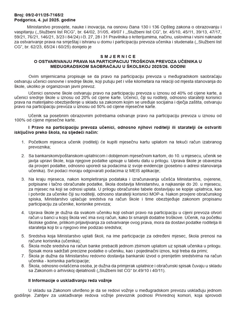 2025 Smjernice o Ostvarivanju Prava Na Participaciju Troškova Prevoza Učenika U Međugradskom ...