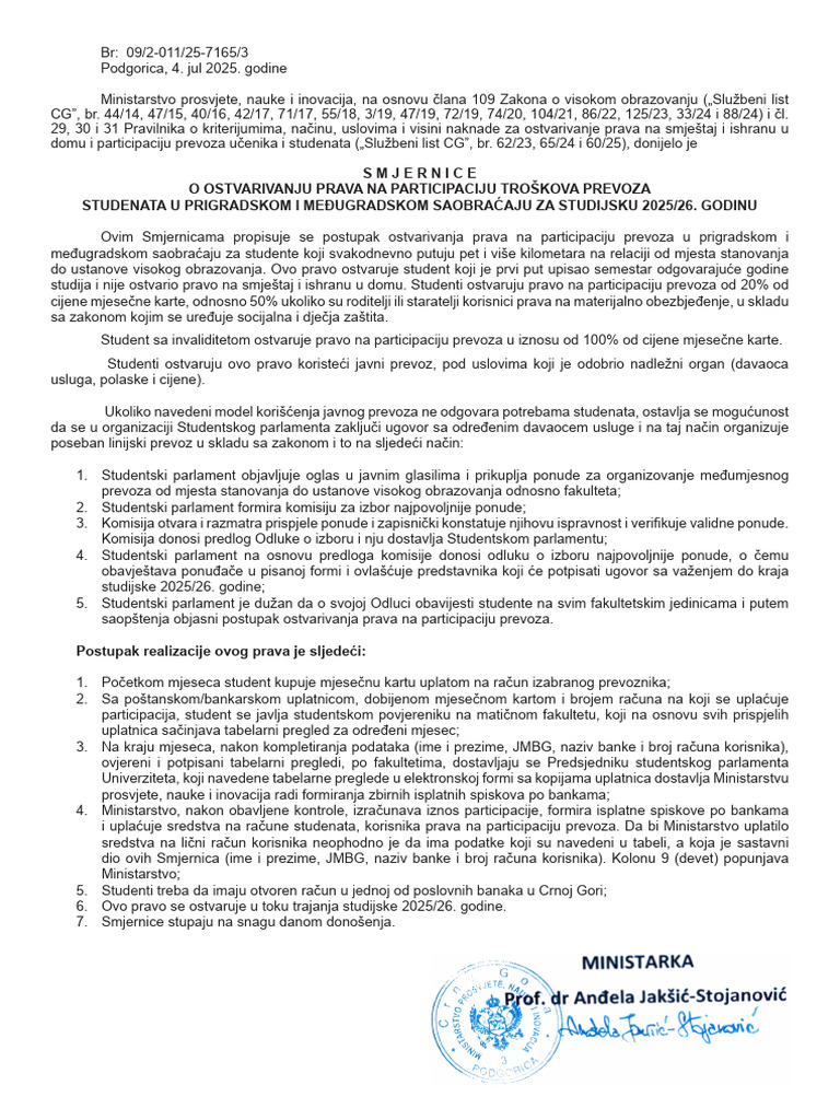 2025 Smjernice o Ostvarivanju Prava Na Participaciju Troškova Prevoza Studenata U Prigradskom I ...