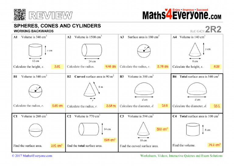 Spheres Cones Cylinders Working Backwards Answers | PDF