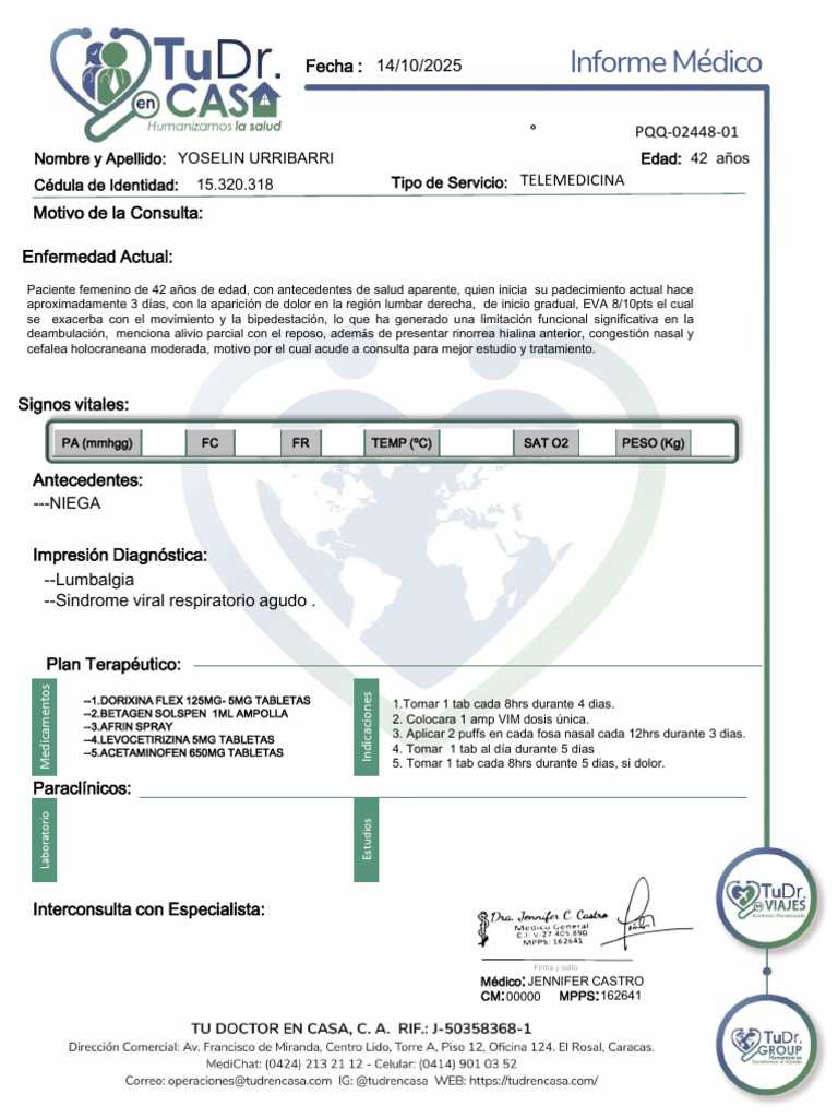 14-10-25-Informe Médico Manual TDEC YOSELIN URRIBARRI | PDF | Ciencias ...