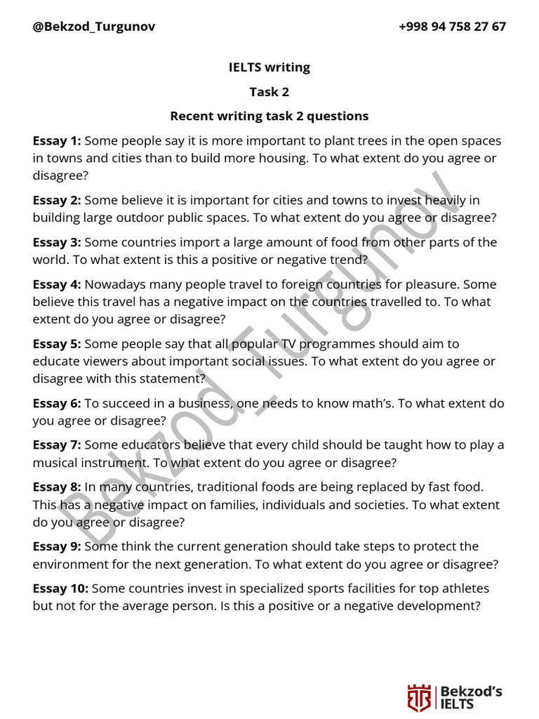 IELTS Writing Task 2 Essay Topics | PDF | Adolescence | Essays