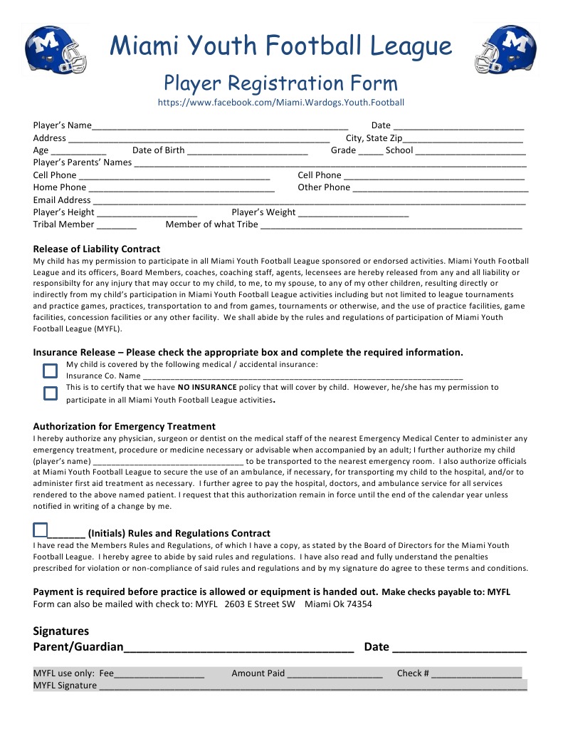 Miami Youth Football League Registration Form | PDF | Cheque | Ambulance