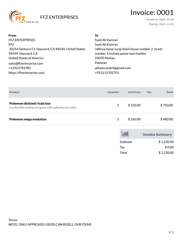 FFZ Enterprises Invoice #0001 | PDF