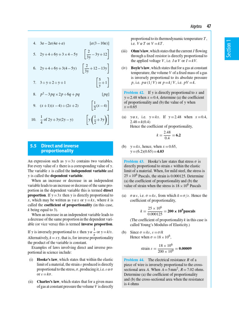 Algebra: Direct and Inverse Proportions | PDF | Elasticity (Physics ...