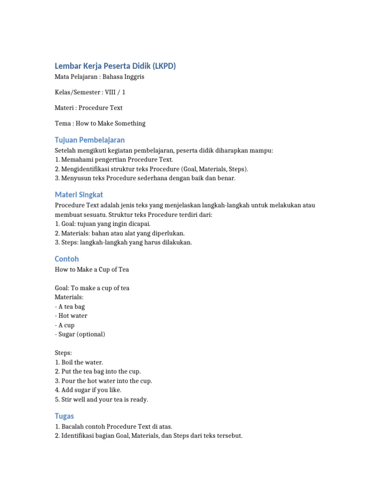 LKPD Procedure Text Kelas 8 | PDF
