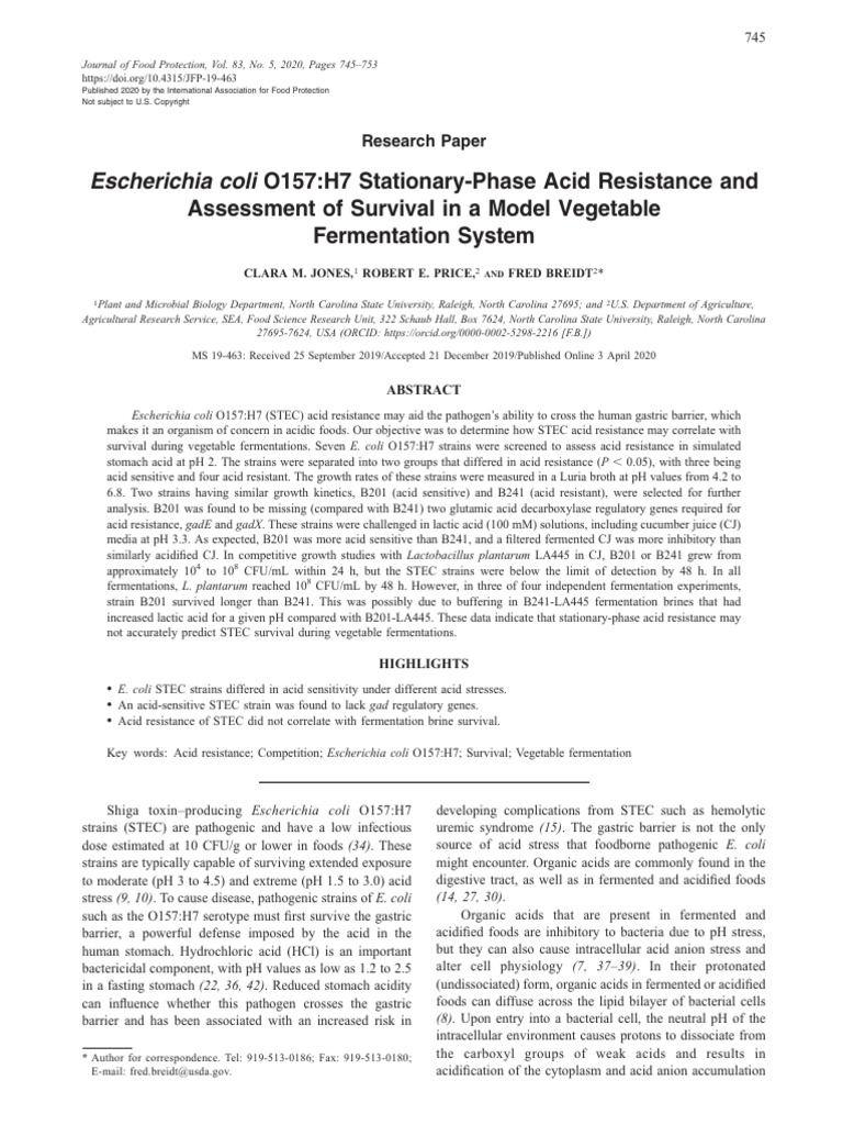 Escherichia Coli O157 H7 Stationary-Phase Acid Resistance and | PDF ...