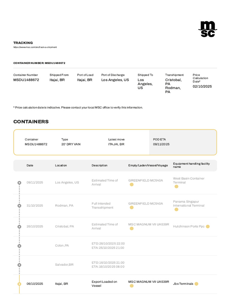 Container Tracking: Itajai to LA | PDF | Cargo | Freight Transport