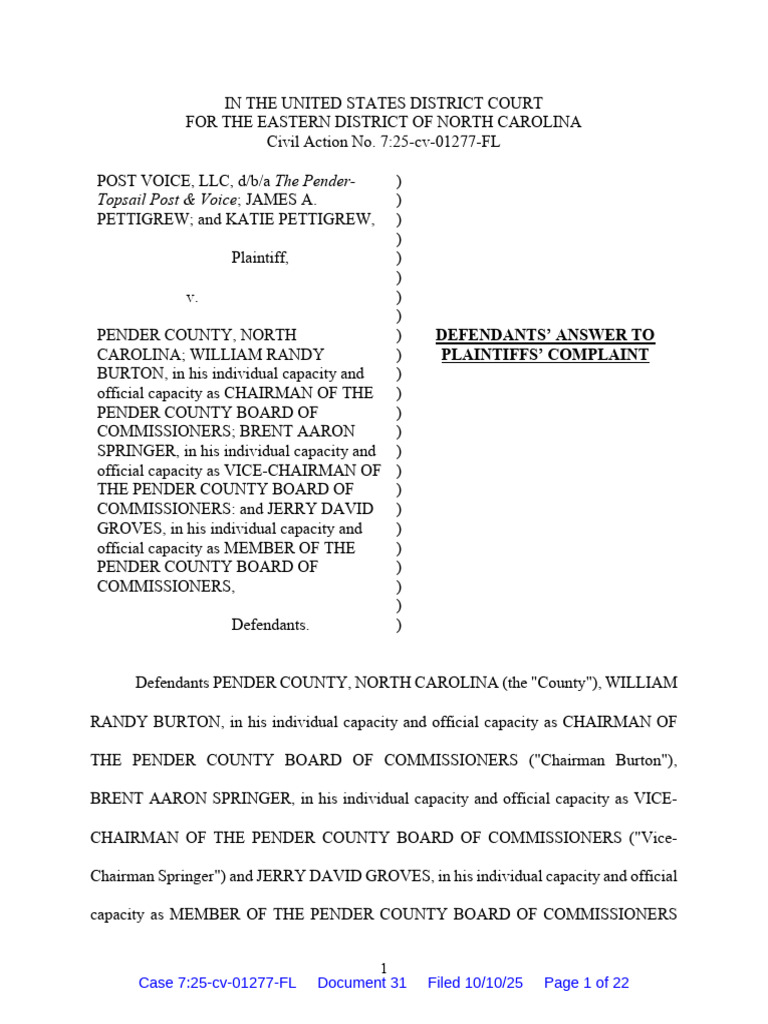 LAWSUIT: Pender Co. Asks Judge To Partially Dismiss Lawsuit Filed by ...