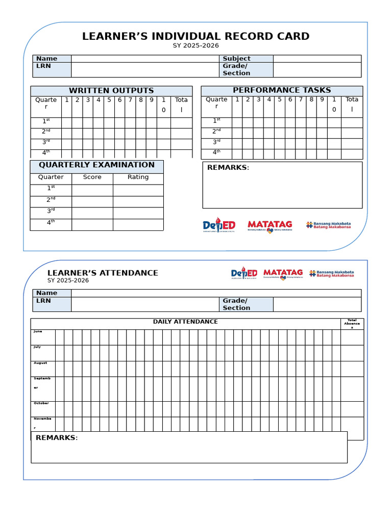 Learner's Individual Record Card (Word) | PDF