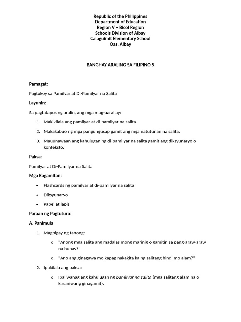 Banghay Araling Sa Filipino 5 | PDF