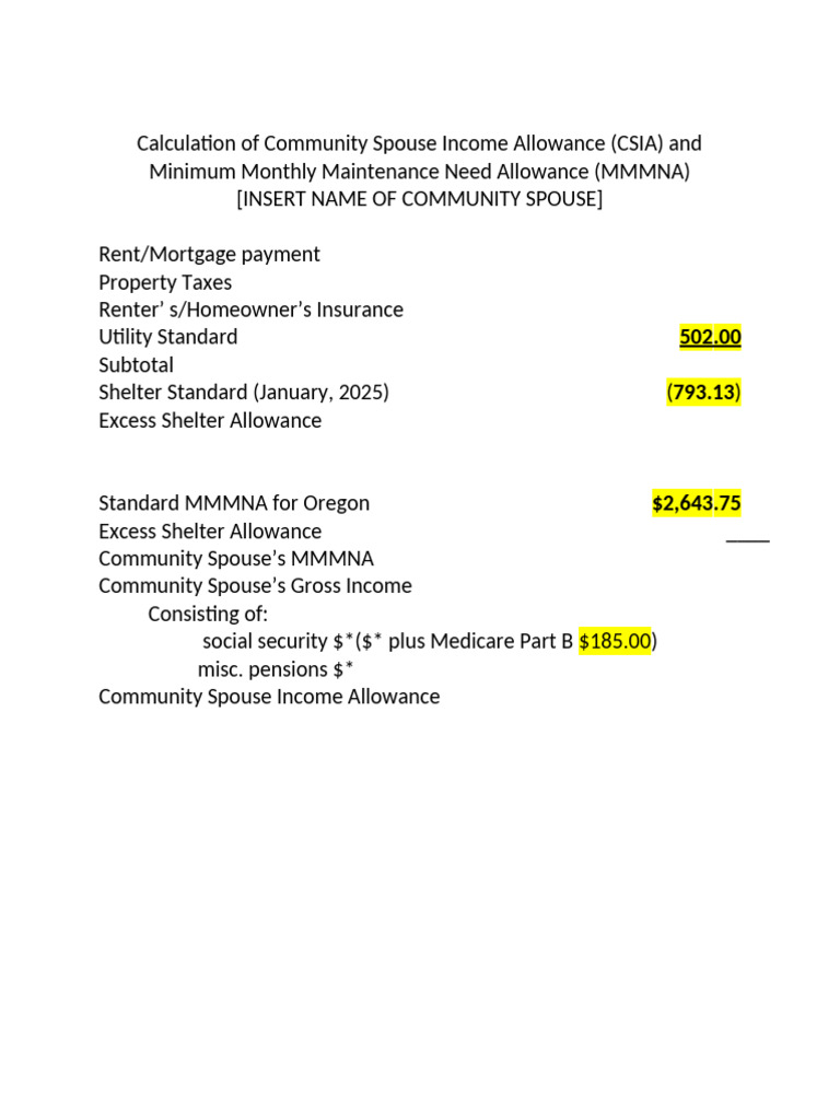 Community Spouse Income Allowance Calculation | PDF