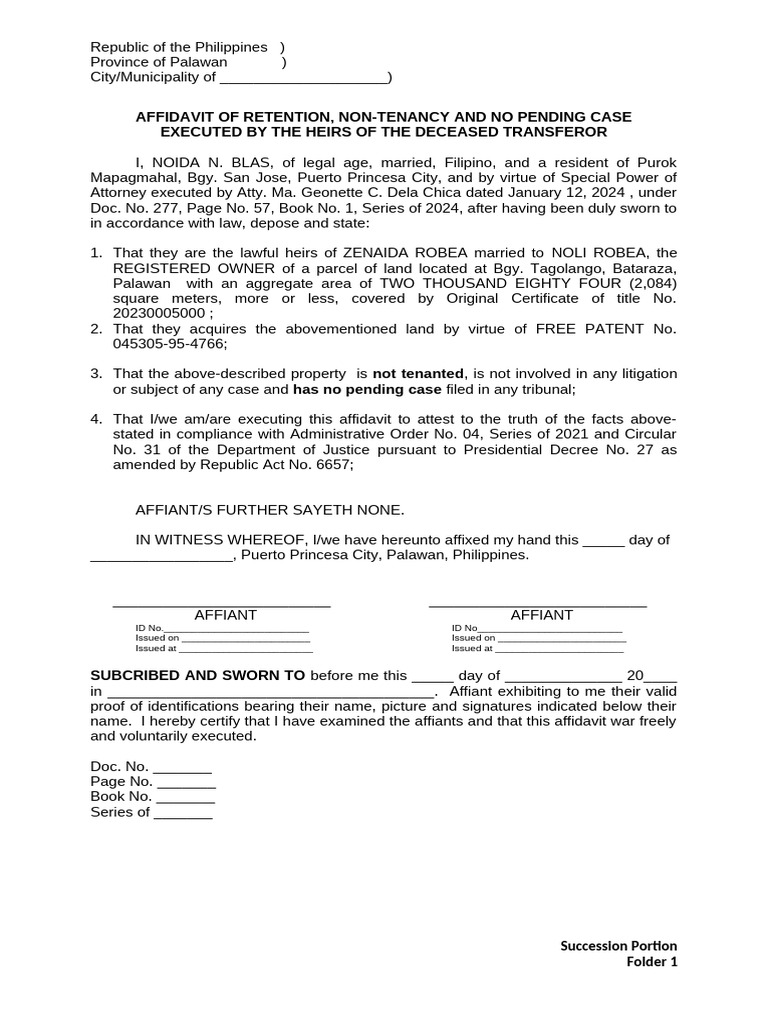 Affidavit of Retention Non-Tenancy and No Pending Case | PDF ...