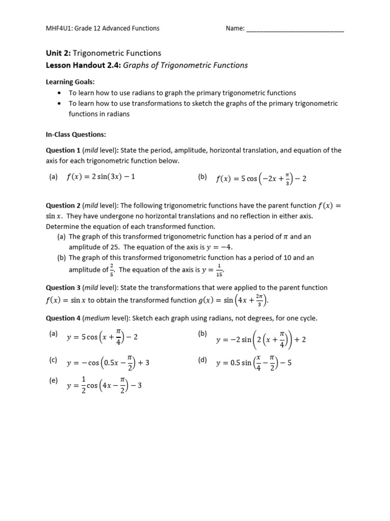 04 - Lesson Handout 2.4 (In-Class Questions) | PDF | Trigonometric ...
