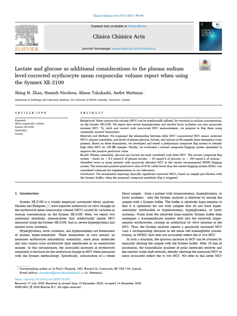 Clinica Chimica Acta: Shing H. Zhan, Hamish Nicolson, Alison Takahashi ...