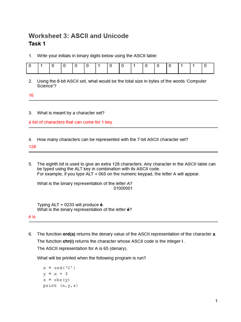 Bilal Faisal - Data Representation Worksheet 3 ASCII and Unicode | PDF | Integer (Computer ...
