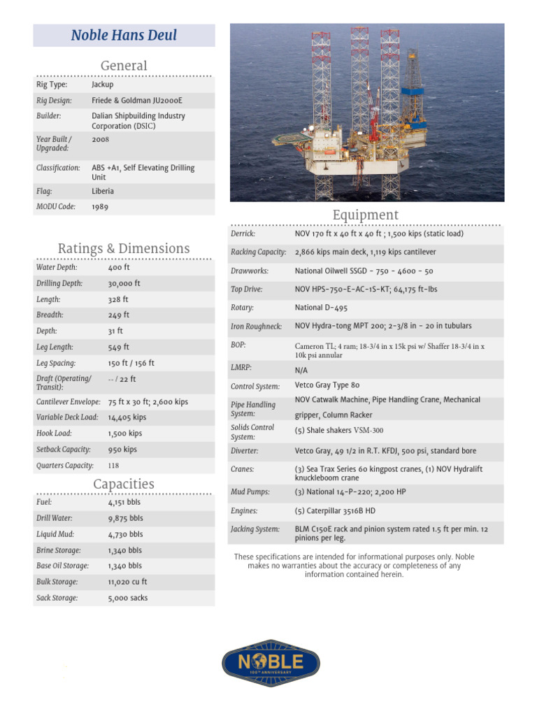 Rig Details Noble Hans Deul | PDF | Crane (Machine)