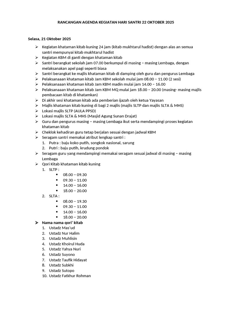 Rancangan Agenda Kegiatan Hari Santri 22 Oktober 2025 | PDF