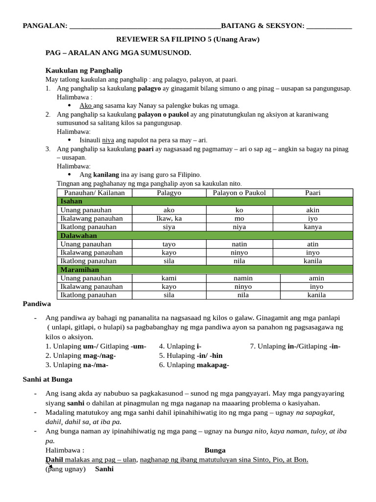 Reviewer Sa Filipino 5 - Ikalawang Markahang Pagsusulit | PDF