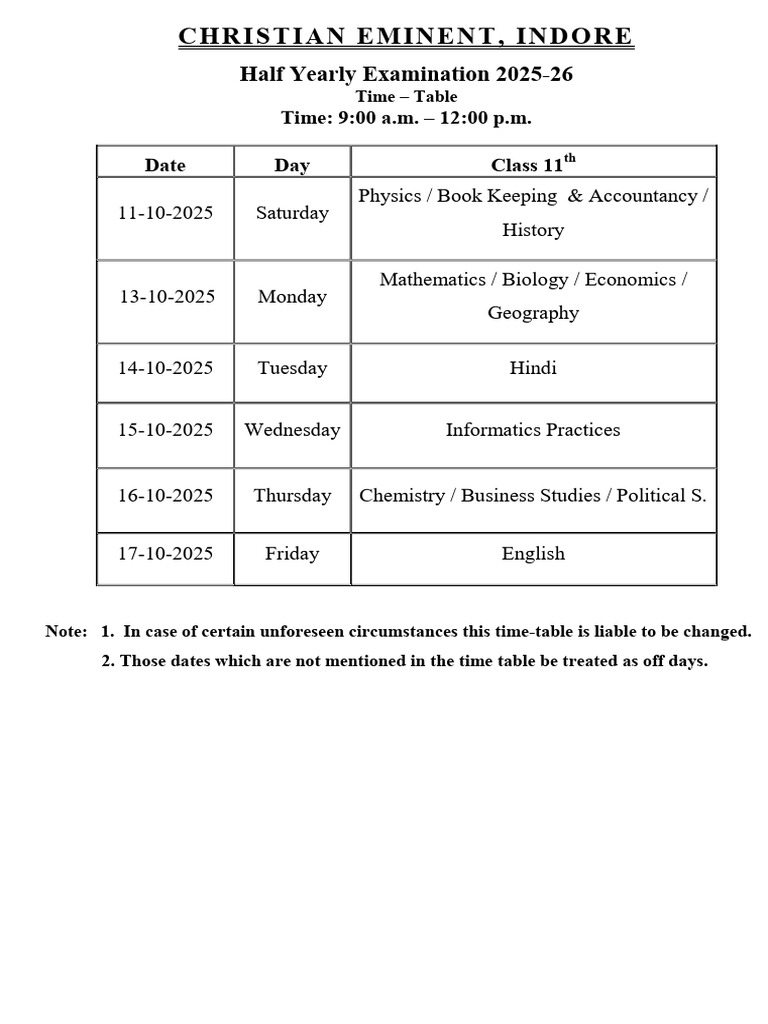 Class 11 Half Yearly Time Table 2025-26 | PDF
