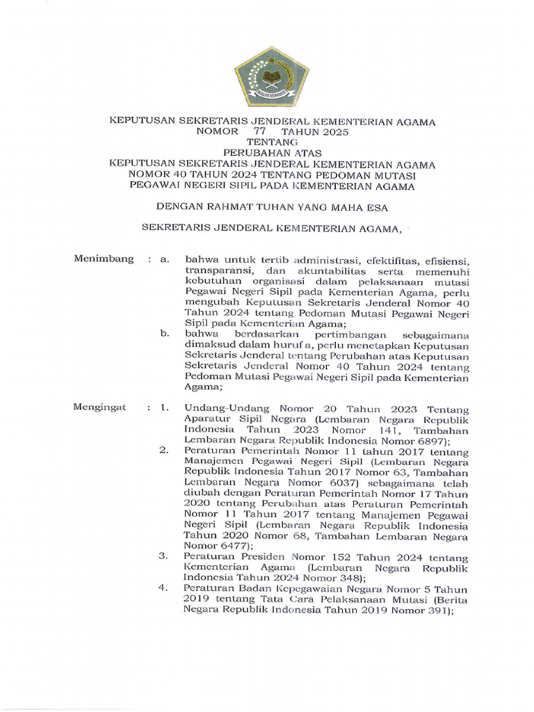 KSJ 77 Tahun 2025 Perubahan Atas KSJ Kemenag Nomor 40 Tahun 2024 ...