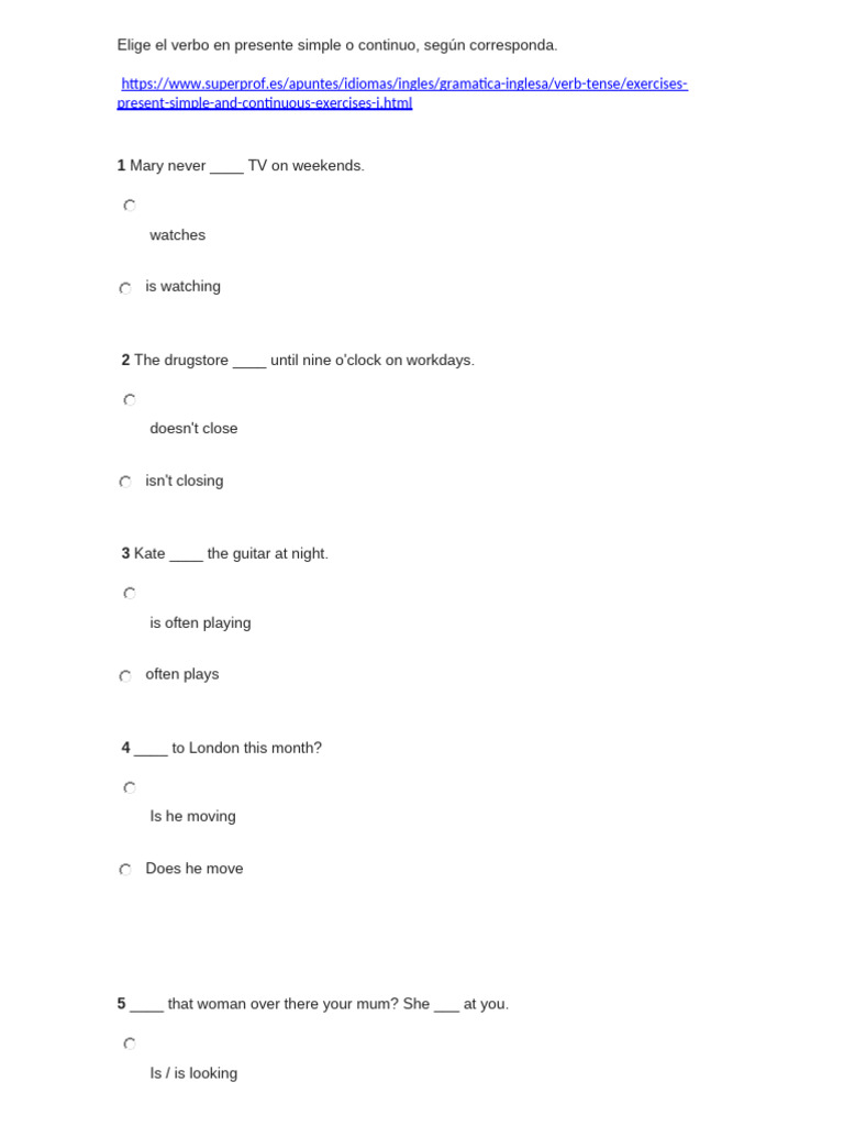 Elige El Verbo en Presente Simple o Continuo | PDF