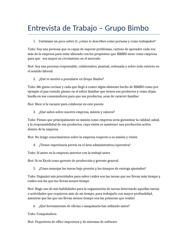 Entrevista De Trabajo En Grupo Bimbo Pdf Economias