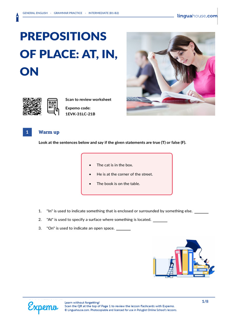Prepositions of Place at in On British English Student B1 B2 | PDF