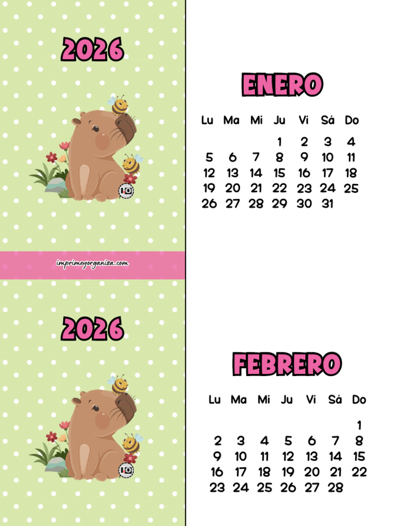 Calendario Mensual 2026 Capibara Abejas | PDF
