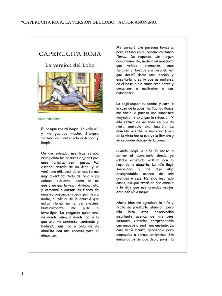 Caperucita Roja. La Version Del Lobo. Autor Anónimo. | PDF