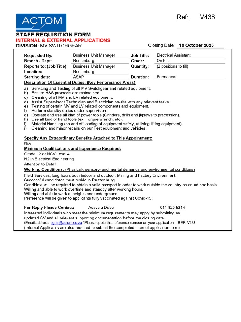 Electrical Assistant - V438 (Rustenburg) | PDF
