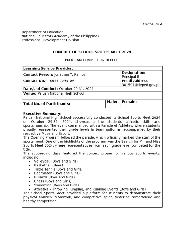 School Sports Meet 2024 Report | PDF | Sports