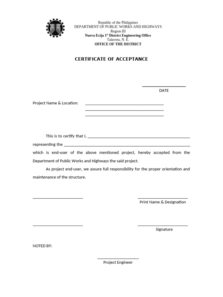 Certificate of Acceptance for DPWH Project | PDF