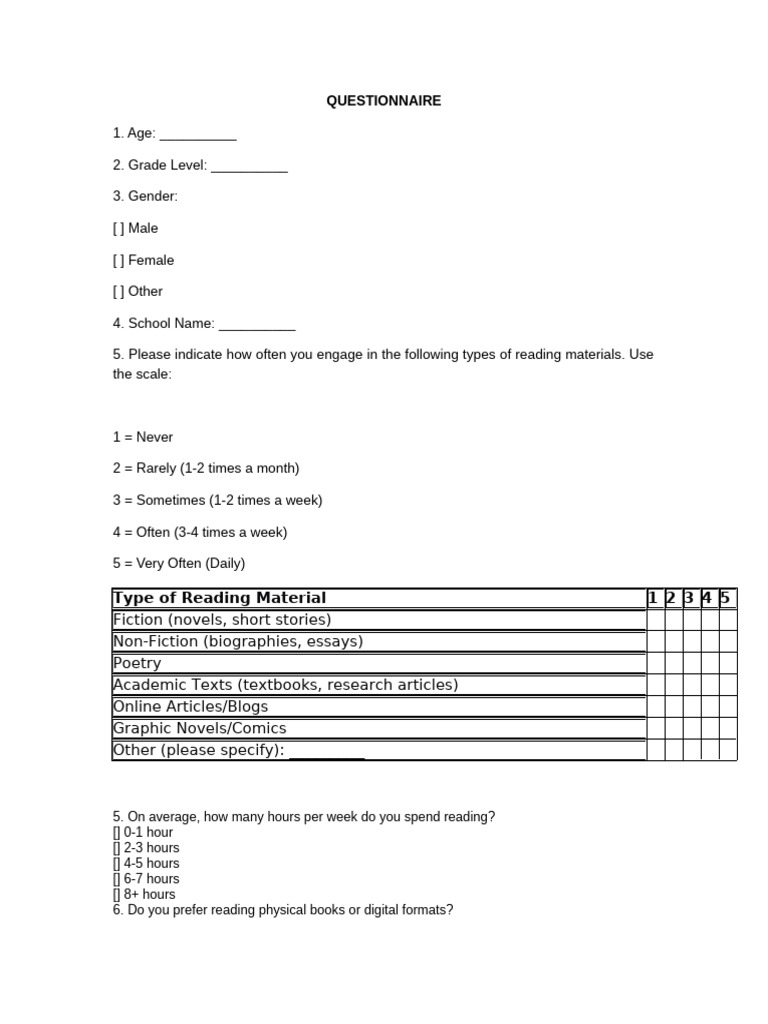 Reading and Writing Skills Questionnaire | PDF