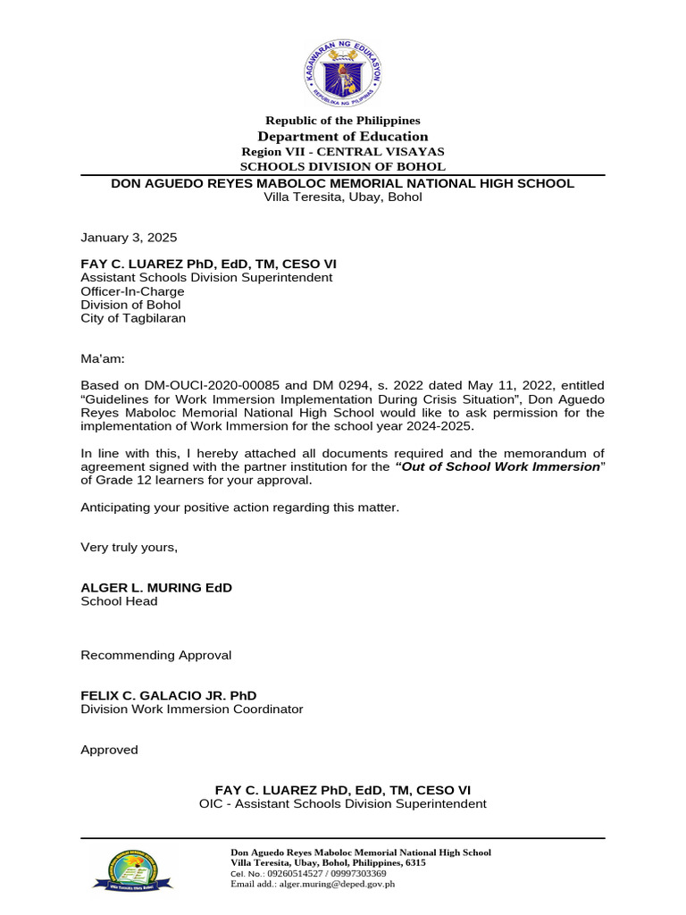 Work Immersion Proposal for 2024-2025 | PDF