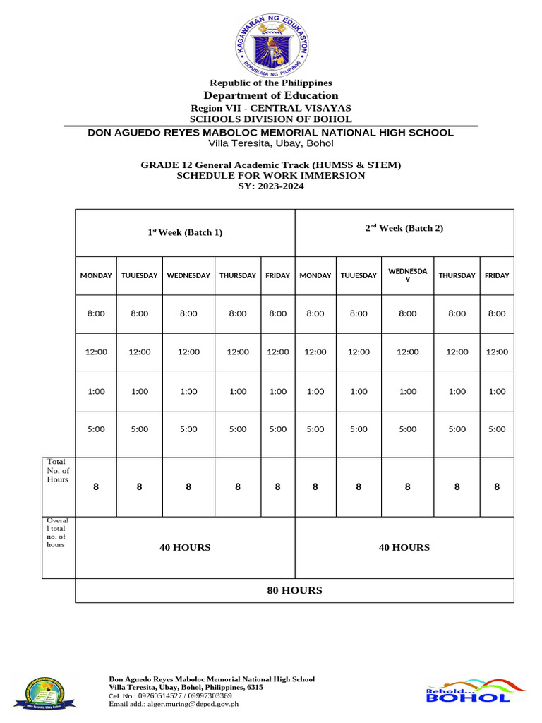 Class Schedule For Work Immersion - Humss & Stem | PDF